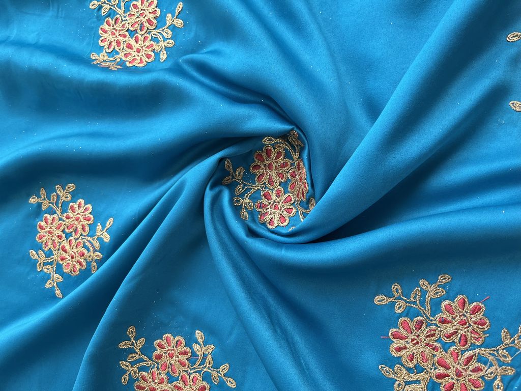 Blue Golden Dori Floral Embroidered Satin Fabric – Fabrics & More